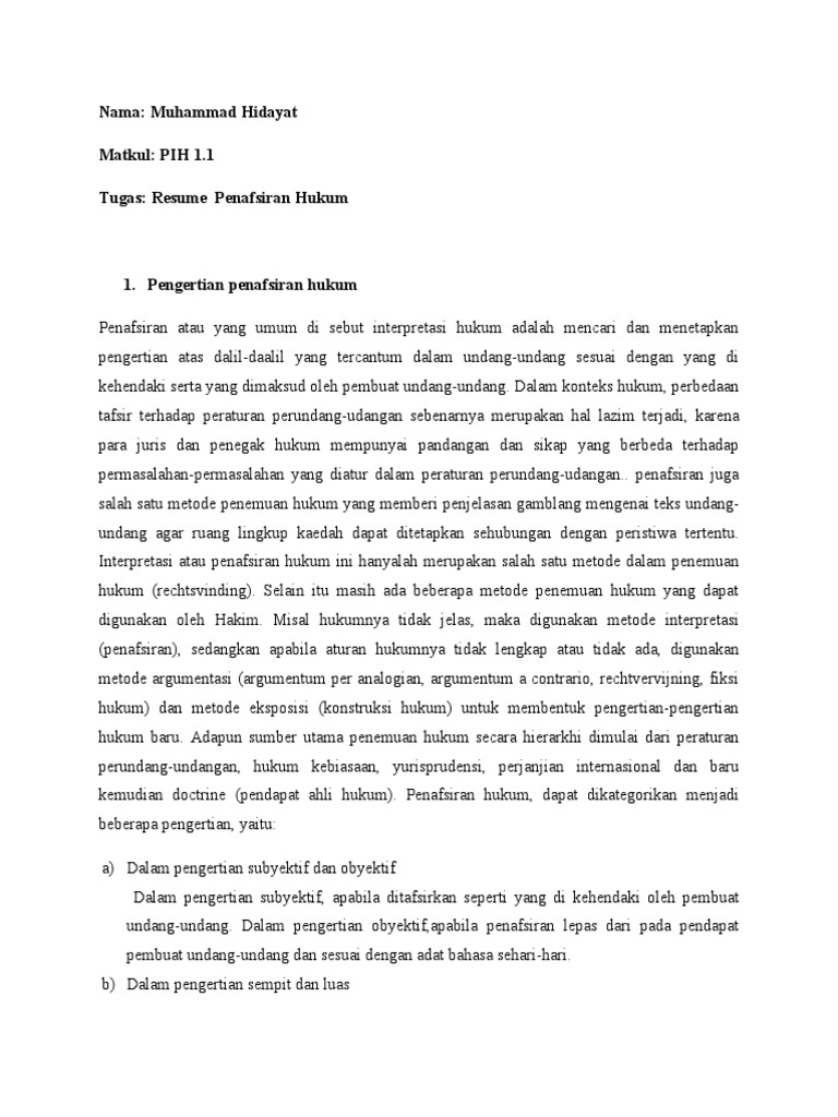 Muhammad Hidayat - Resume Penafsiran Hukum - PIH 1.1 | PDF