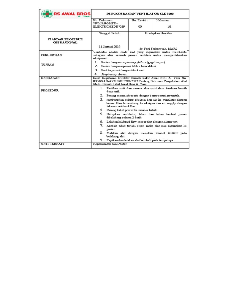 Prosedur Pengoperasian Ventilator SLE 5000 | PDF