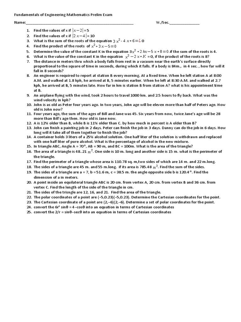 Engineering Mathematics Prelim Exam | PDF | Triangle | Area