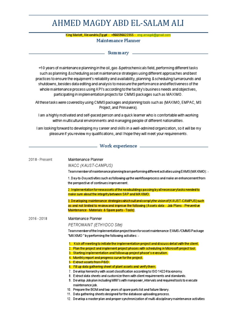 Ahmed - Magdy - Maintenance - Planner - Resume Updated | PDF | Computing | Business
