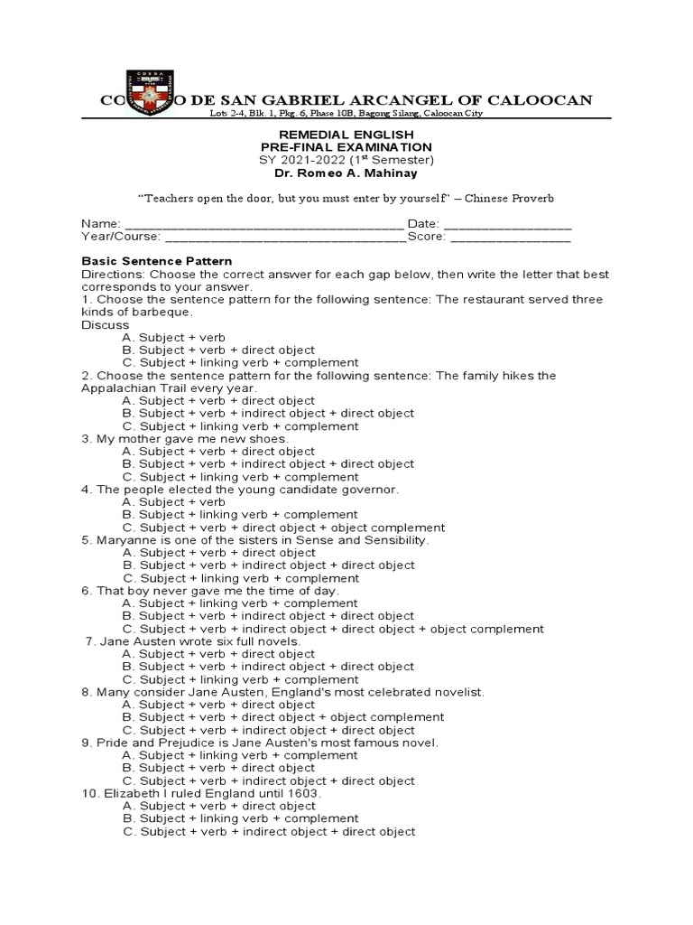 Pre Final Examination Remedial English | PDF | Verb