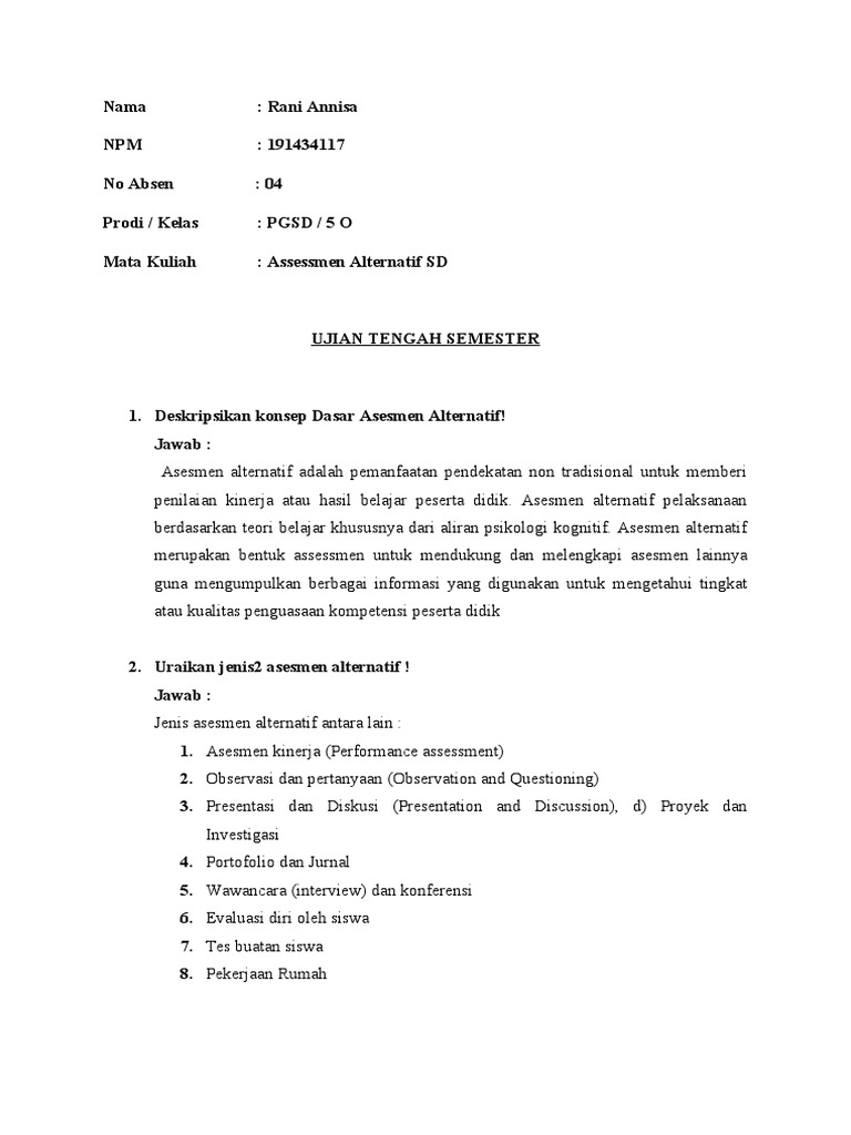 Hasil UTS Asesmen Alternatif SD Rani Annisa | PDF