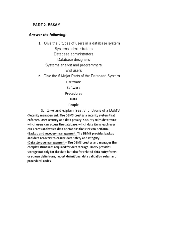 Fundamentals Database Essay Quiz 1 | PDF