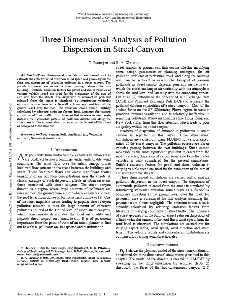 Three Dimensional Analysis Of Pollution Dispersion In Street Canyon Pdf Air Pollution