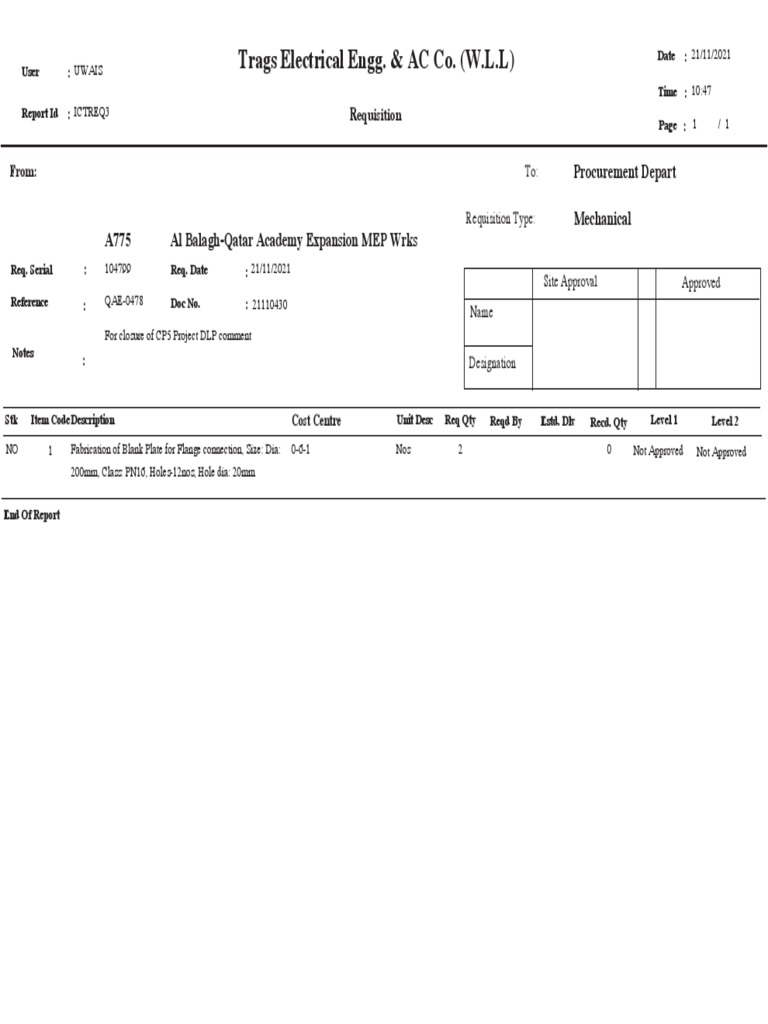 Trags Electrical Engg. & AC Co. (W.L.L) : Procurement Depart Mechanical | PDF