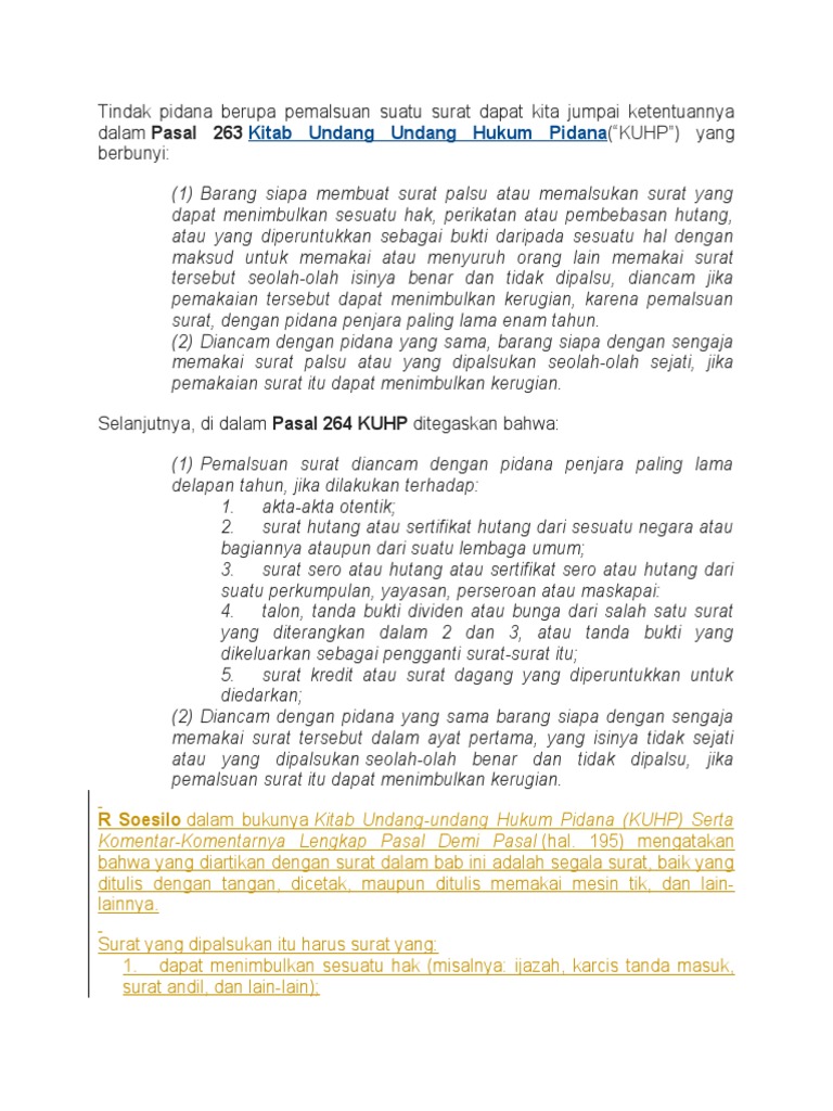 Pemalsuan Surat: Pasal 263-264 KUHP | PDF | Politik | Ilmu Sosial