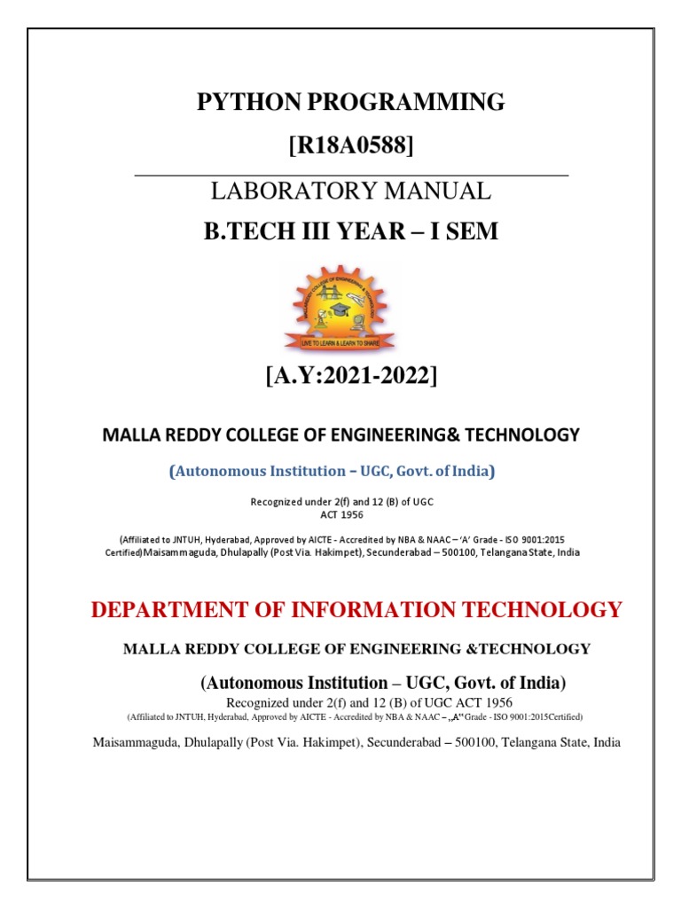 Python Programming R18a0588 Laboratory Manual Pdf Anonymous Function Engineering 