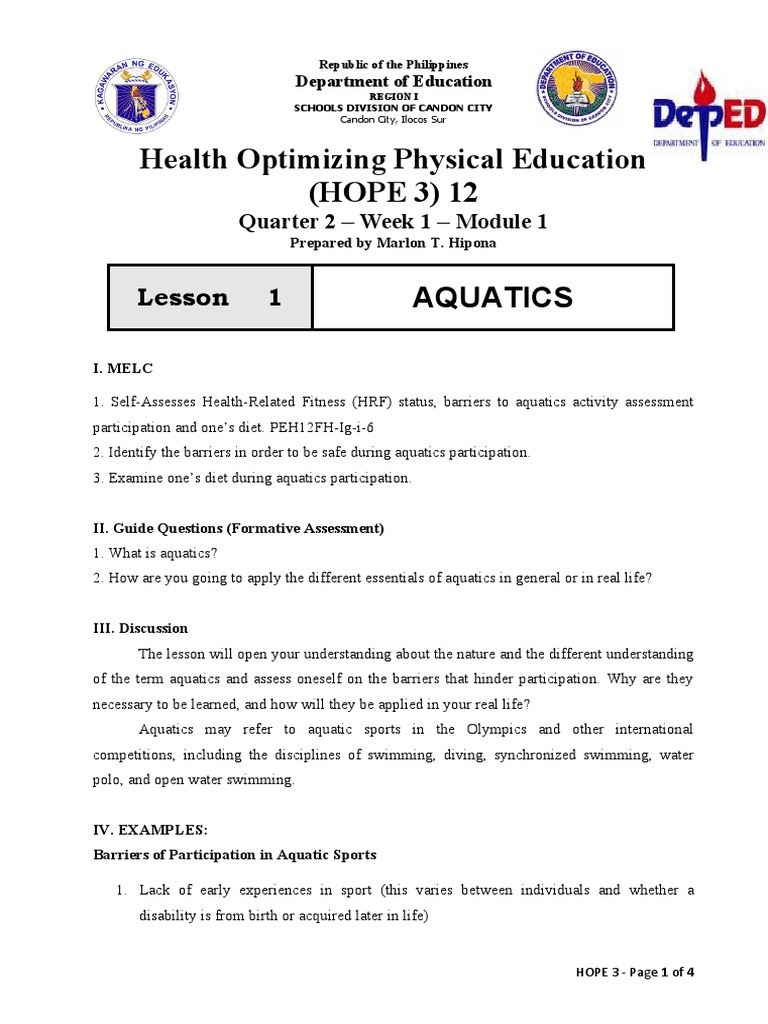 Health Optimizing Physical Education (HOPE 3) 12: Lesson 1 | PDF | Disability | Swimming