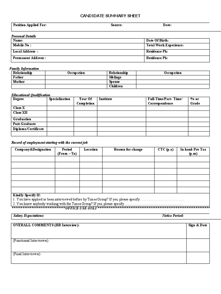 Candidate Summary Sheet | PDF