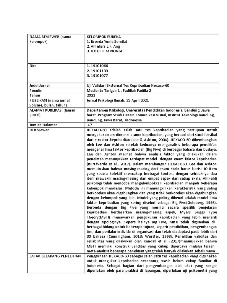 Validasi HEXACO-60 di Indonesia | PDF | Karier & Perkembangan | Sains & Matematika