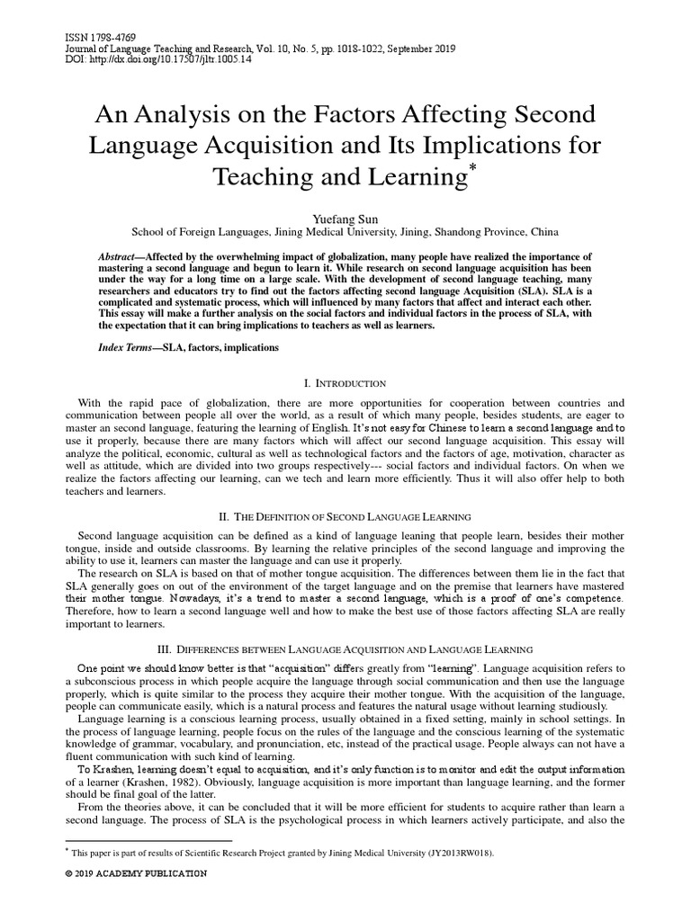 An Analysis On The Factors Affecting Second Language Acquisition and Its Implications For ...