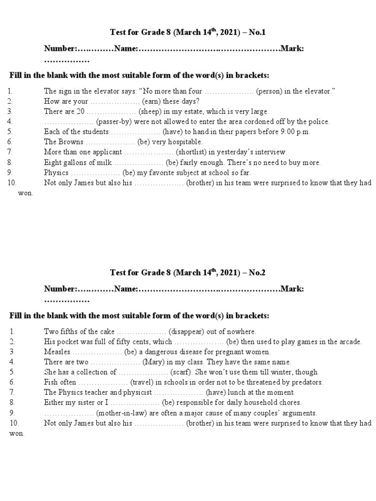 Test For Grade 8 (March 14th) | PDF
