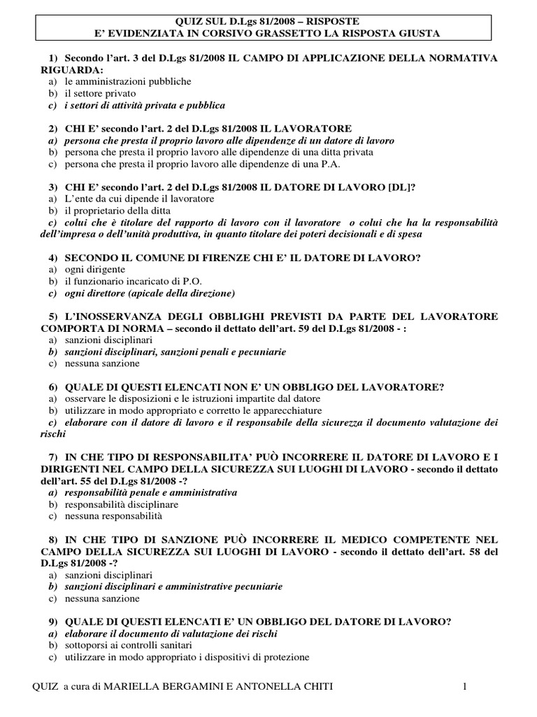 QUIZ D.LGS 81 Risposte | PDF