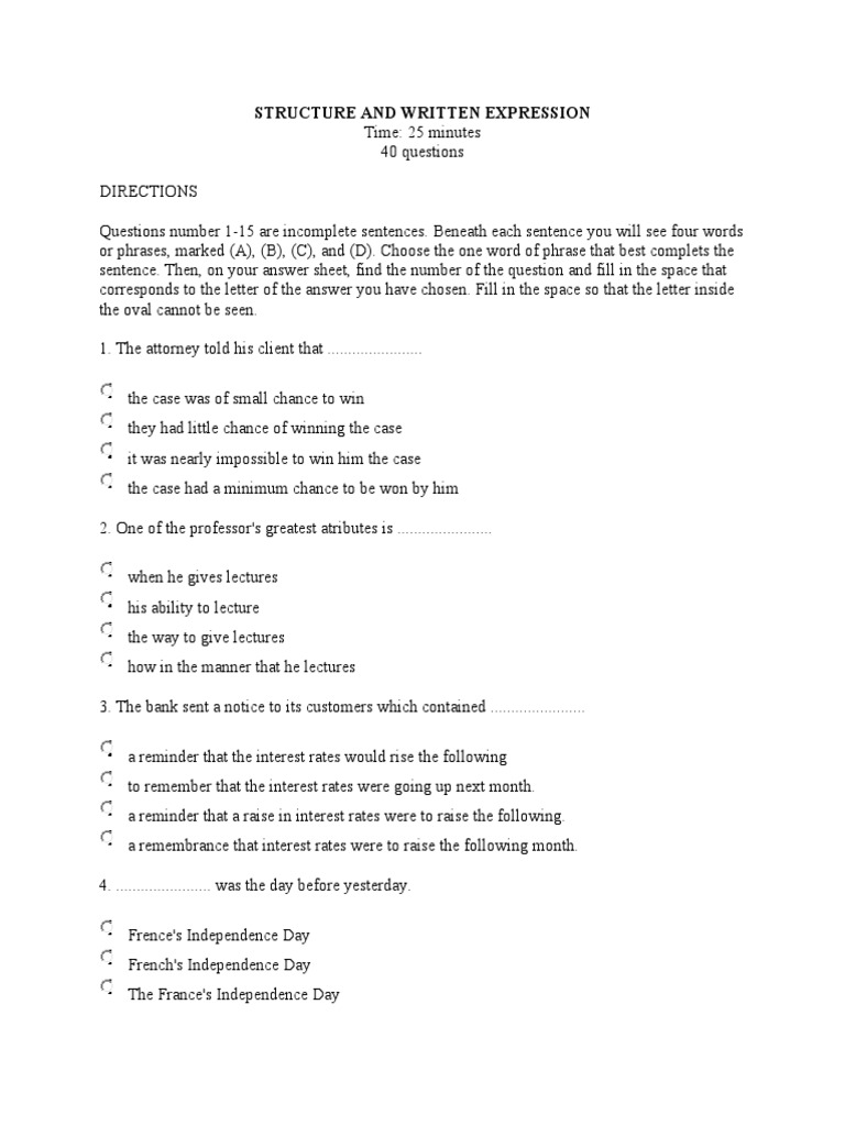 Structure and Written Expression Practice Test Questions | PDF | Homework