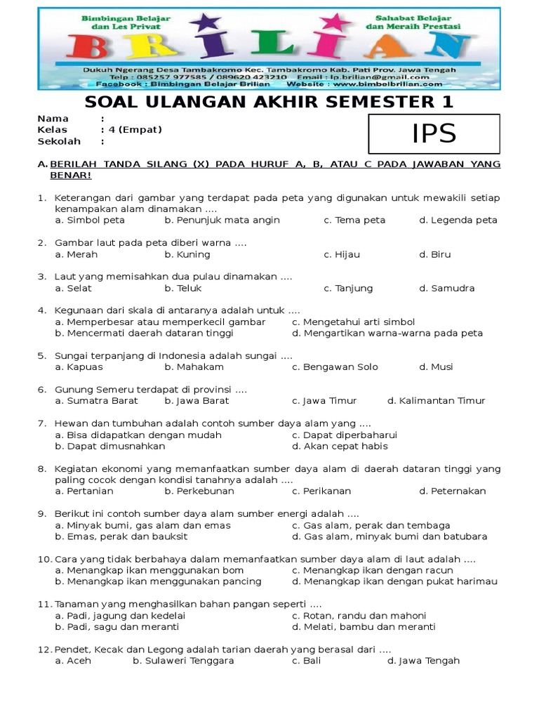 Soal UAS IPS Kelas 4 SD Semester 1 (Ganjil) Dan Kunci Jawaban | PDF