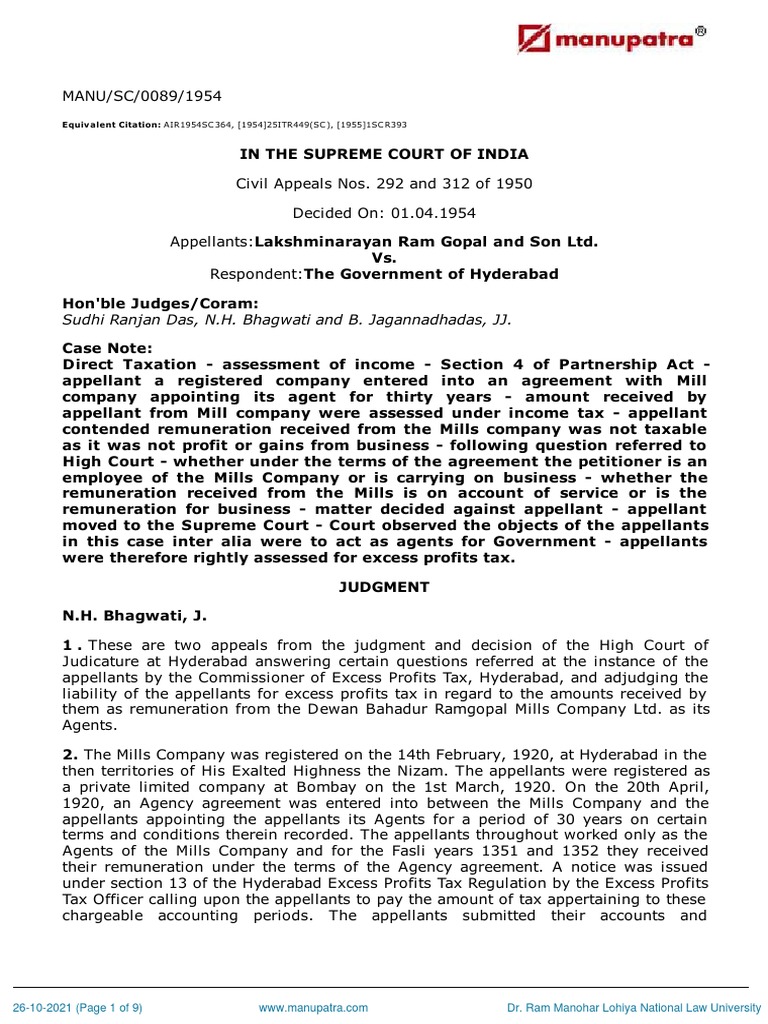 Sudhi Ranjan Das, N.H. Bhagwati and B. Jagannadhadas, JJ | PDF ...