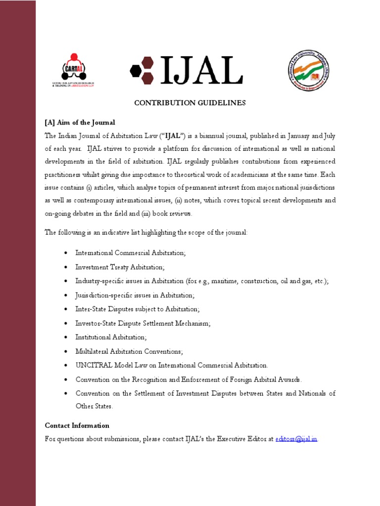 Contribution Guidelines (A) Aim of The Journal: Editors@ijal - in | PDF | Arbitration | Justice