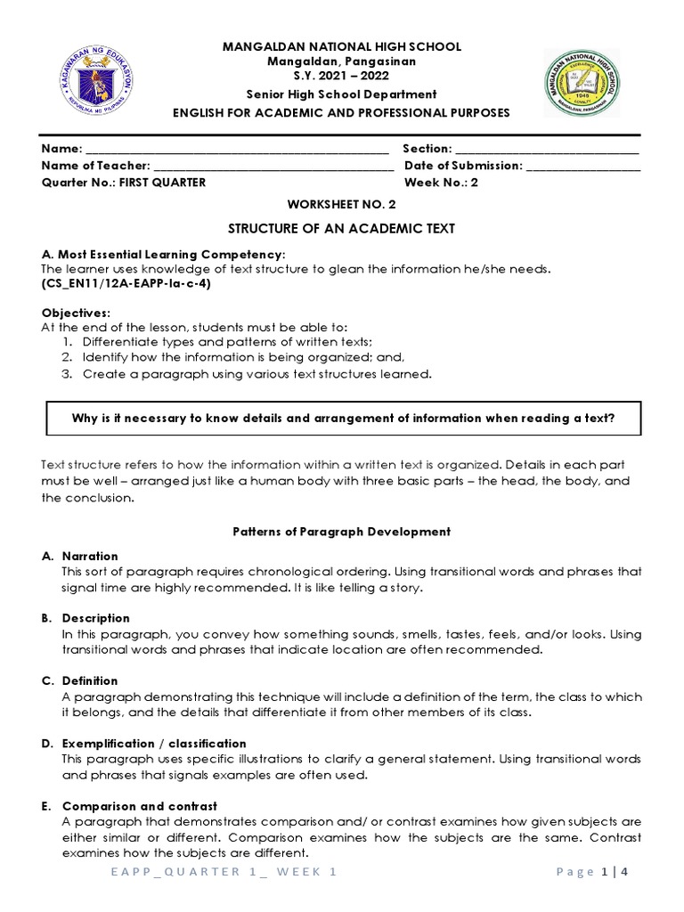 Eapp - Week 2 - Structure of An Academic Text | PDF | Essays | Learning