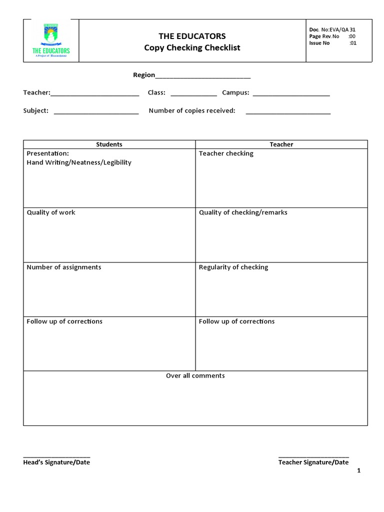 Teacher Copy Checking Checklist | PDF