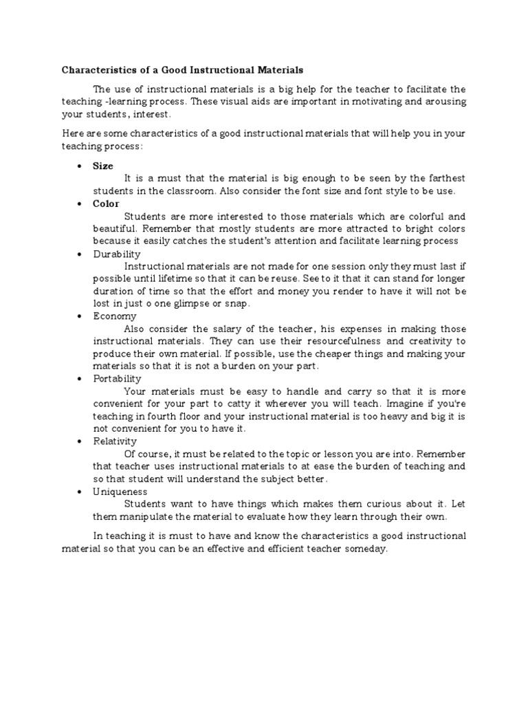Characteristics of A Good Instructional Materials | PDF | Teachers ...