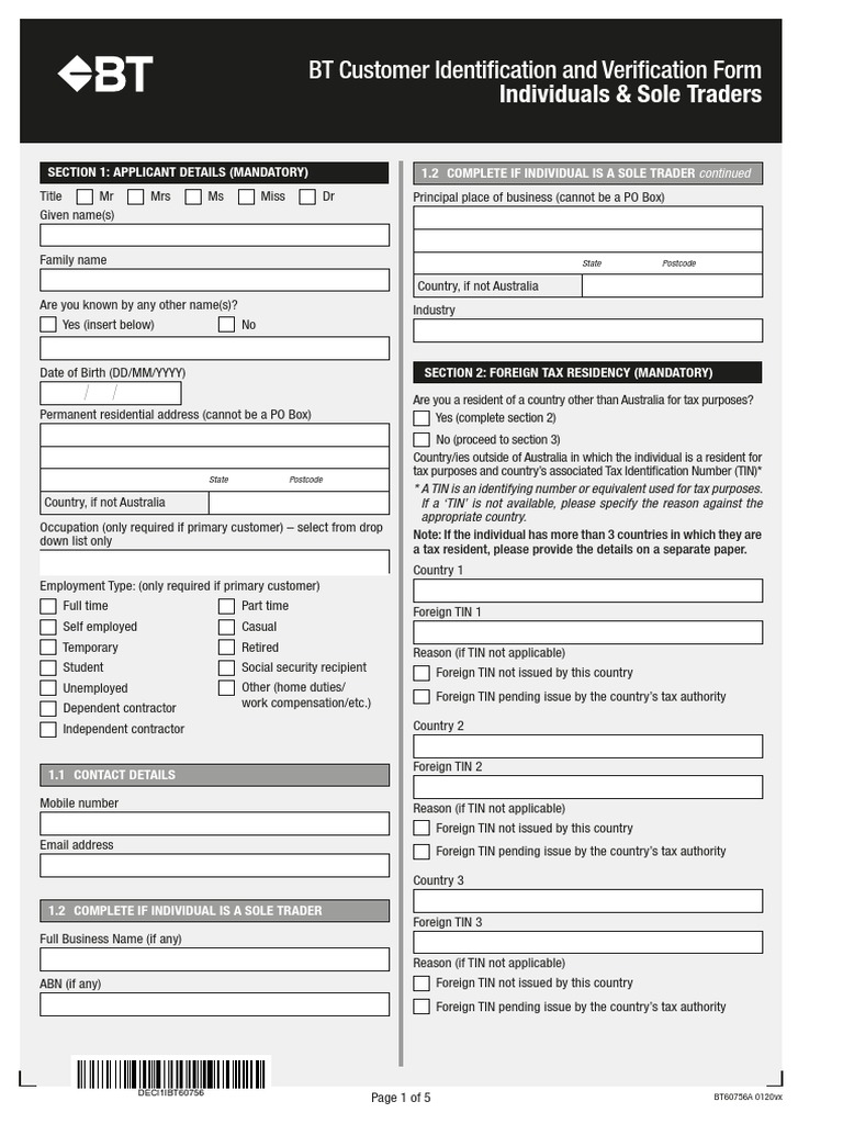 BT Customer Identification and Verification Form: Individuals & Sole ...