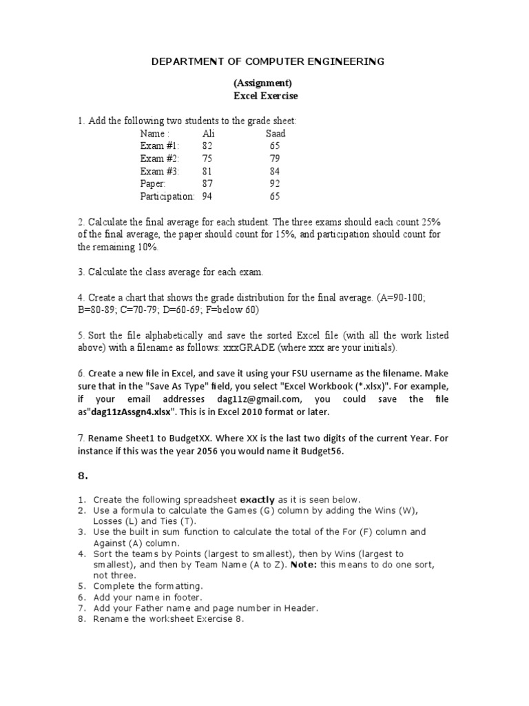 Department of Computer Engineering: (Assignment) Excel Exercise | PDF ...