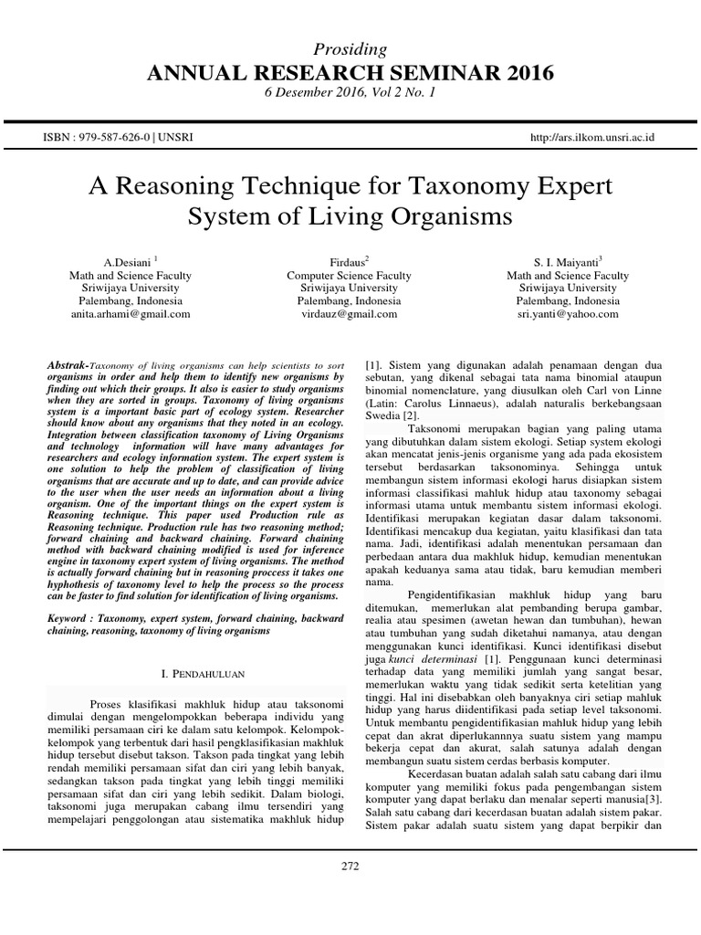 A Reasoning Technique For Taxonomy Expert System of Living Organisms ...