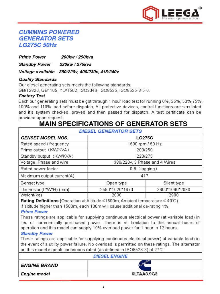 Main Specifications of Generator Sets | Download Free PDF | Physical ...