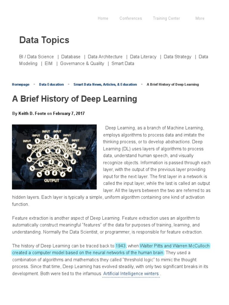 A Brief History of Deep Learning - DATAVERSITY | PDF | Deep Learning ...