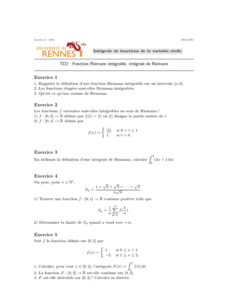 TD2: Fonction Riemann Intégrable, Intégrale de Riemann: Exercice 1 | PDF | Intégral | Série ...