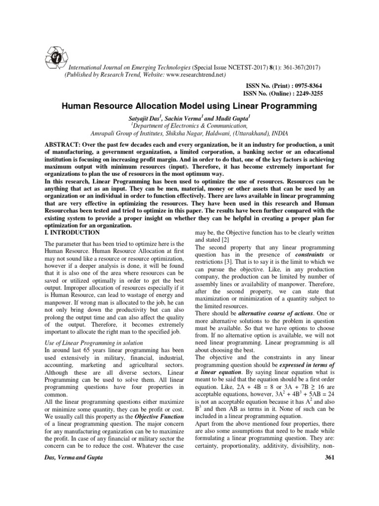 Human Resource Allocation Model Using Linear Programming Pdf Mathematical Optimization