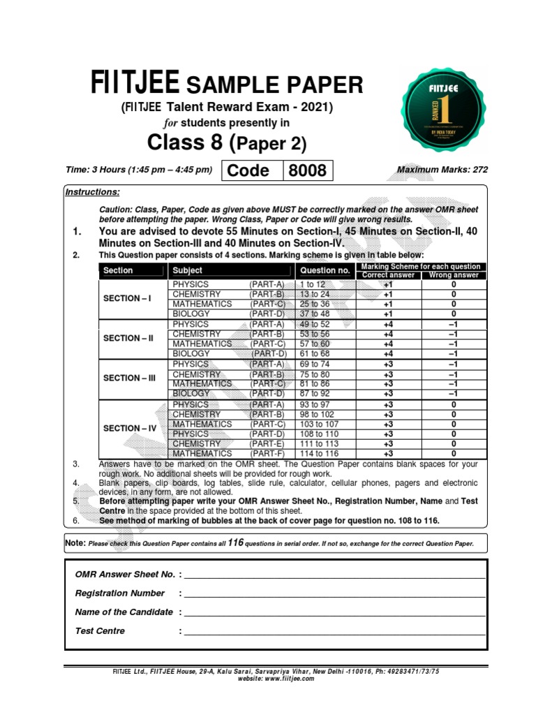 FTRE 2021 Class 8 Sample Paper | PDF | Materials | Chemistry