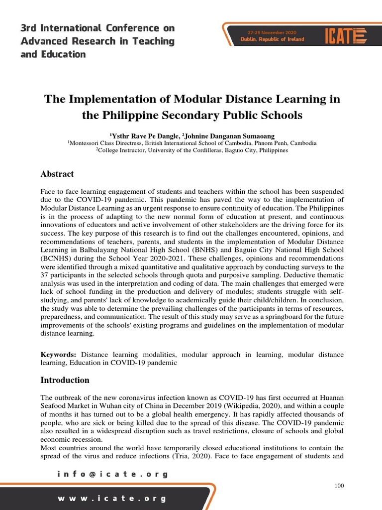 The Implementation of Modular Distance Learning in The Philippine ...