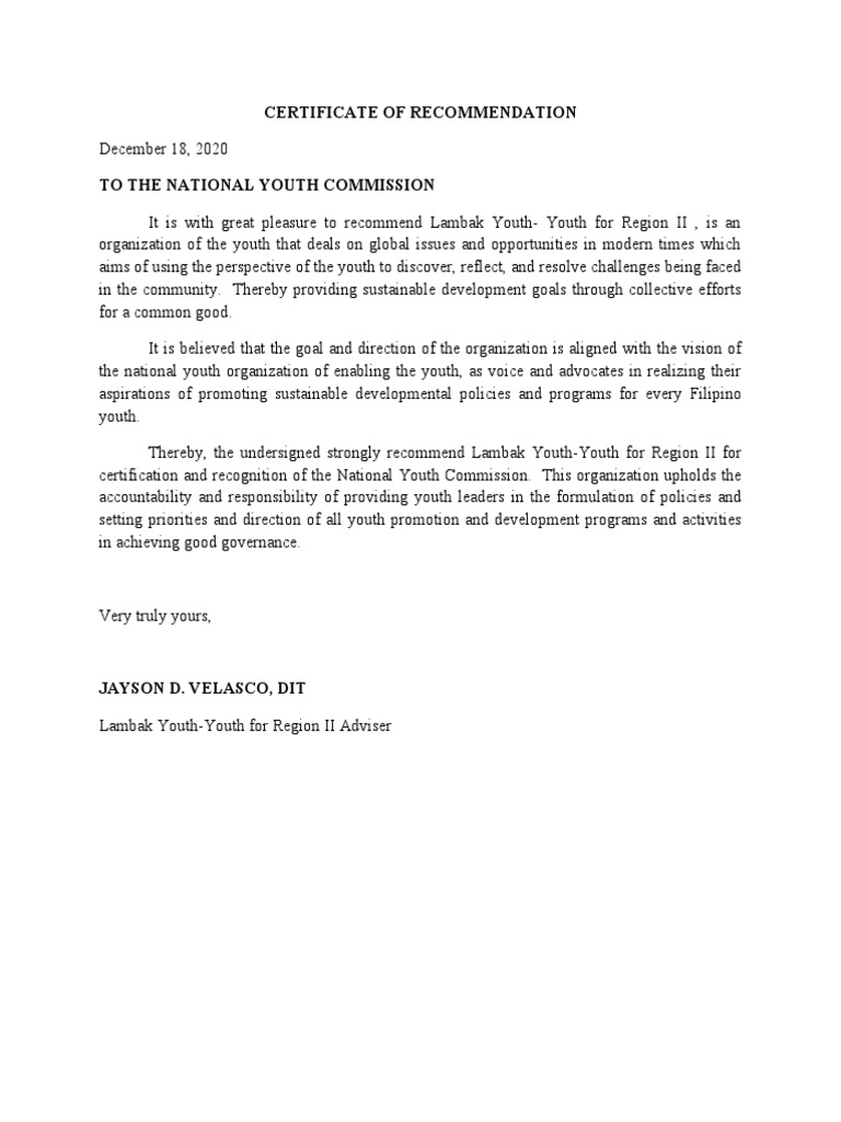 Certificate of Recommendation | PDF