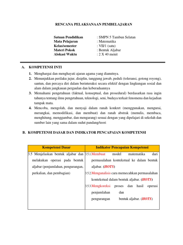 RPP Pembelajaran Bentuk Aljabar Kelas 7 | PDF