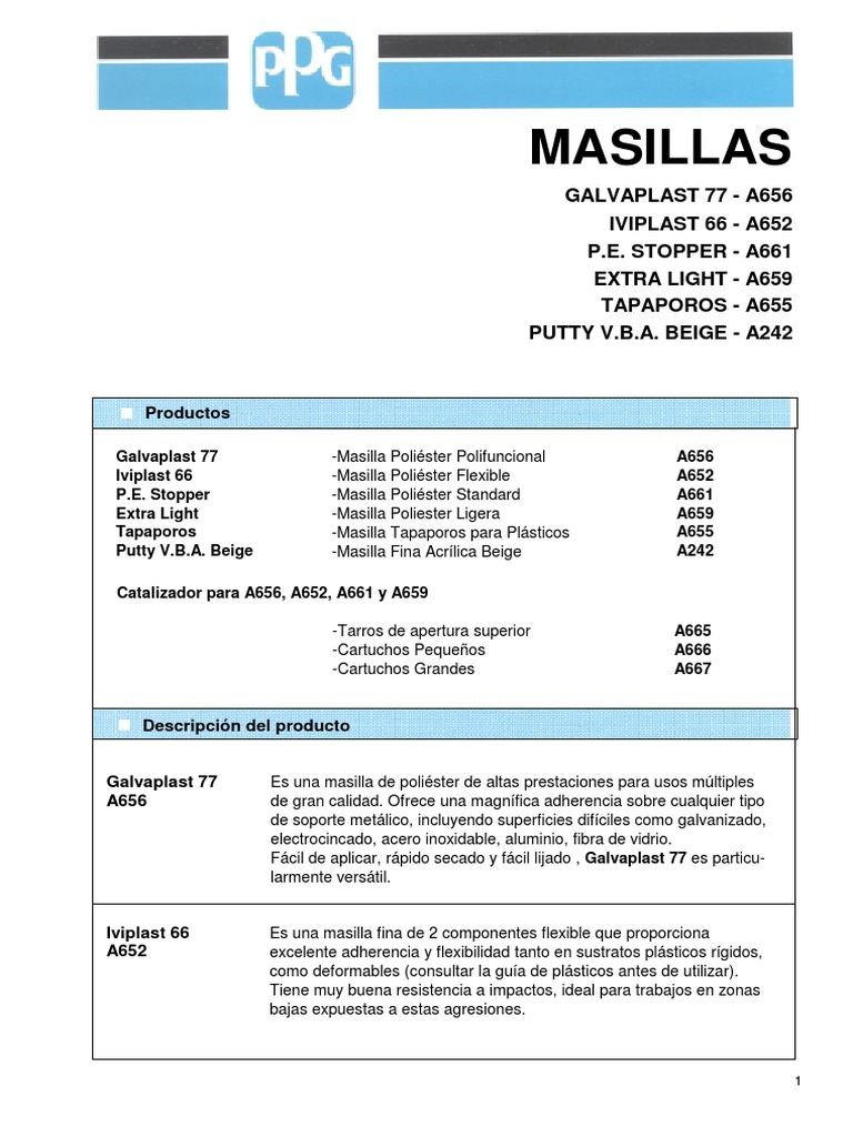 Masillas Galvaplast 77 - A656 Iviplast 66 - A652 P.E. Stopper - A661 ...