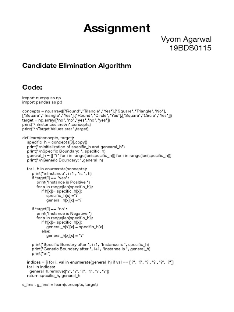 Assignment: Candidate Elimination Algorithm Code | Download Free PDF ...