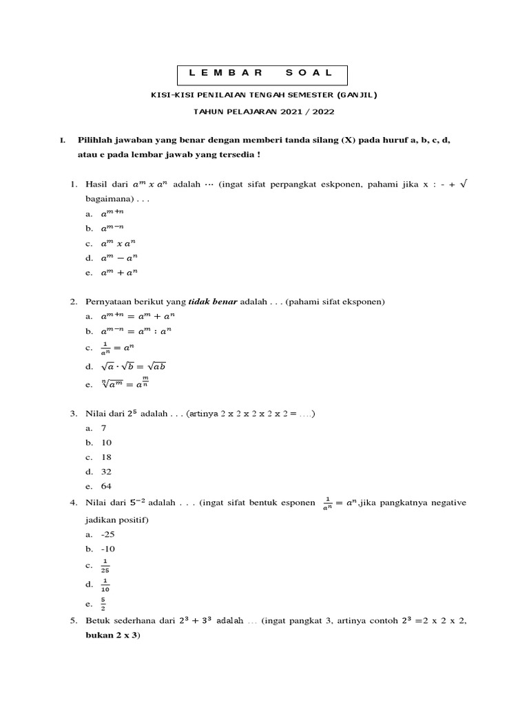 Kisi-Kisi MTK Pts Ganjil X - 2021 | PDF Kisi-Kisi MTK Pts Ganjil X - 2021 | PDF
