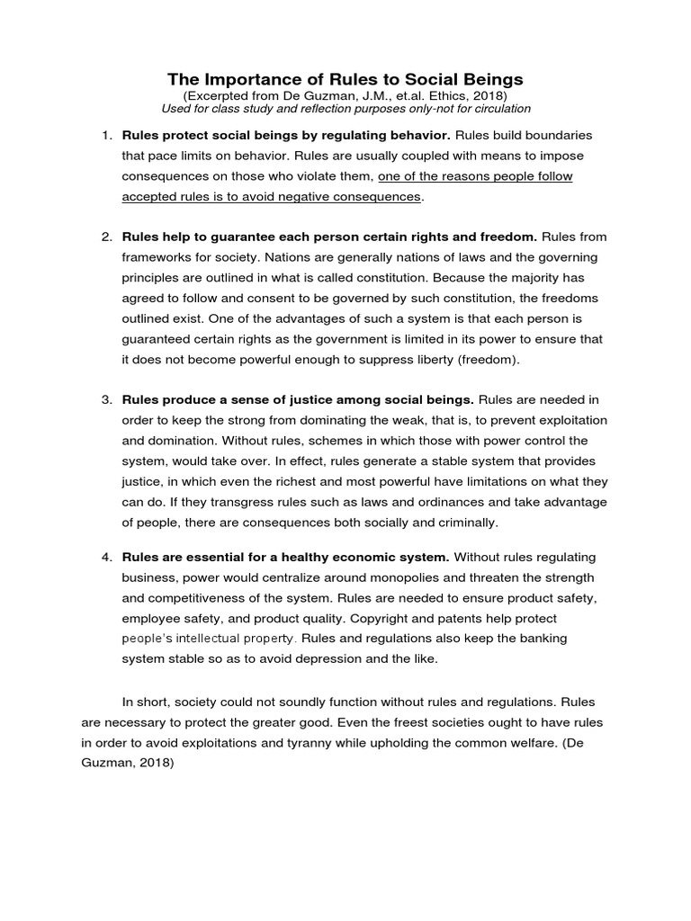 Topic 1. The Importance of Rules To Social Beings | PDF