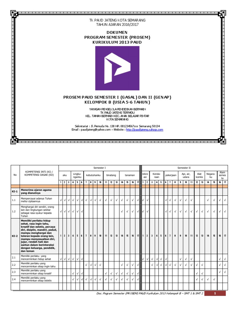 Prosem Paud Kurikulum 2013 KLP B - SMT 1,2 - Paud Jateng | PDF