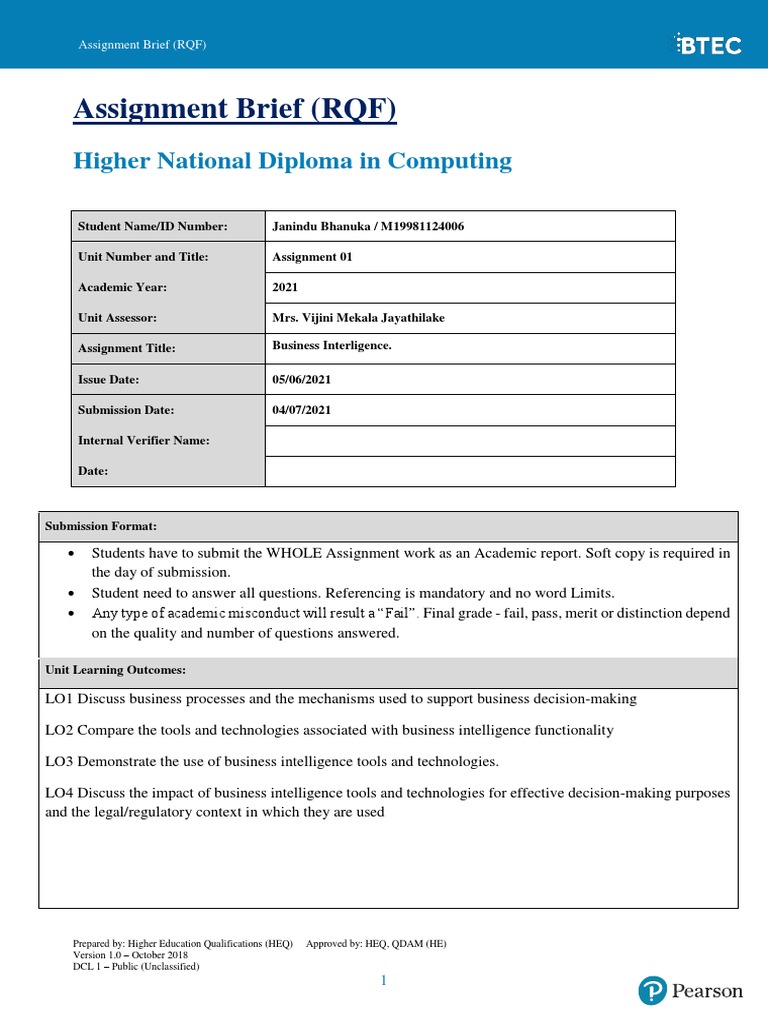 Assignment Brief (RQF) : Higher National Diploma in Computing | PDF | Business Intelligence ...