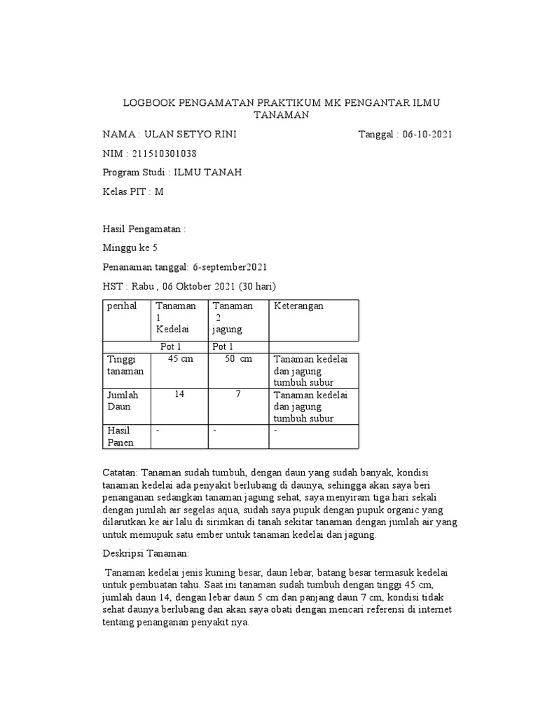Logbook Pengamatan Praktikum MK Pengantar Ilmu Tanaman Minggu Ke 5 | PDF
