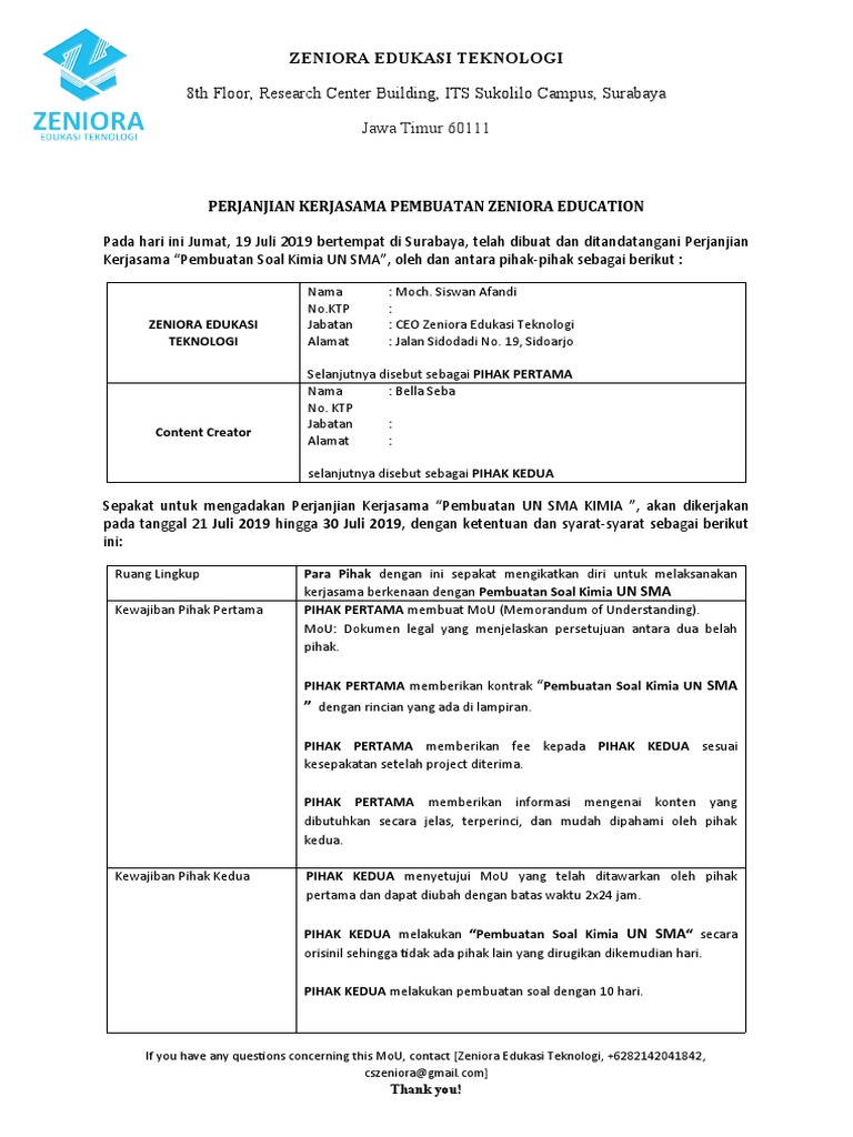 MoU Zeniora With Content Creator Bella Seba | PDF