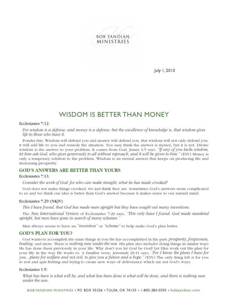 The Superiority of Wisdom over Money and Trusting God's Plan | PDF ...