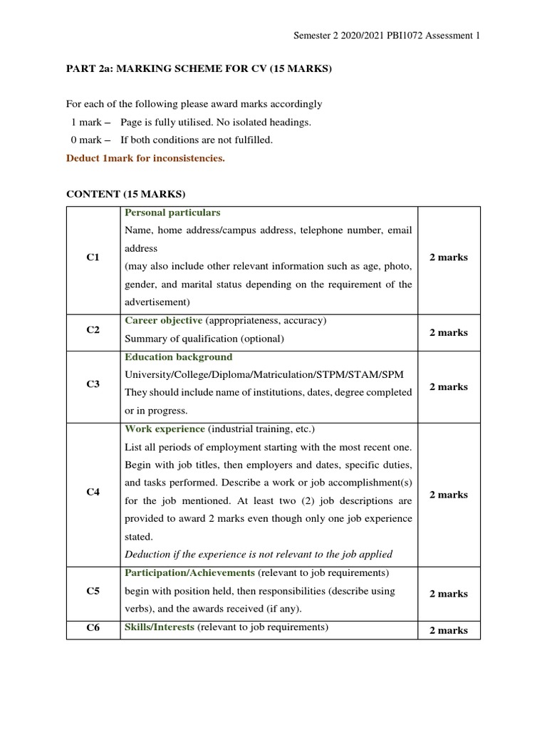 Pbi1072 Sem 2 2020 2021 Assessment 1 CV Marking Rubrics | PDF ...