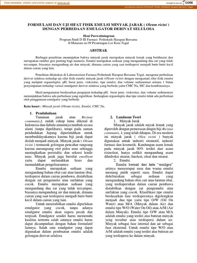 Formulasi Dan Uji Sifat Fisik Emulsi Minyak Jarak (Oleum Ricini) Dengan ...
