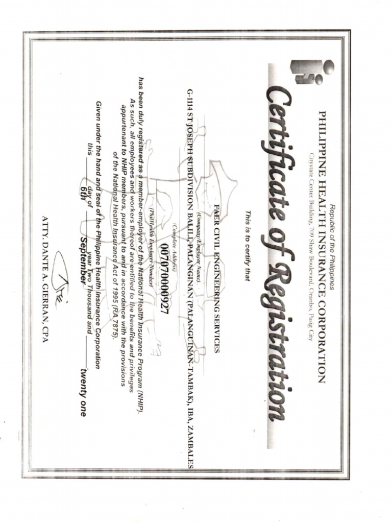 Philhealth Certificate of Registration | PDF