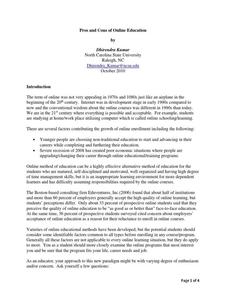 Pros and Cons of Online Education by Kumar-1 | PDF | Educational ...