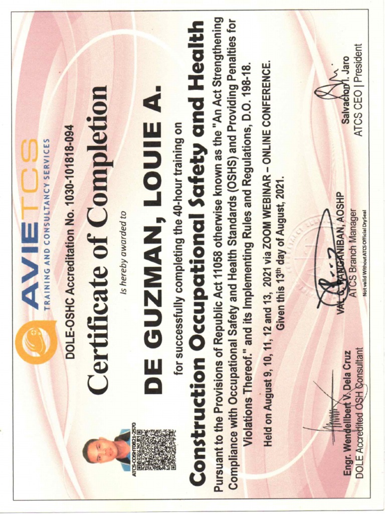 COSH Certificate - de Guzman, Louie A. | PDF