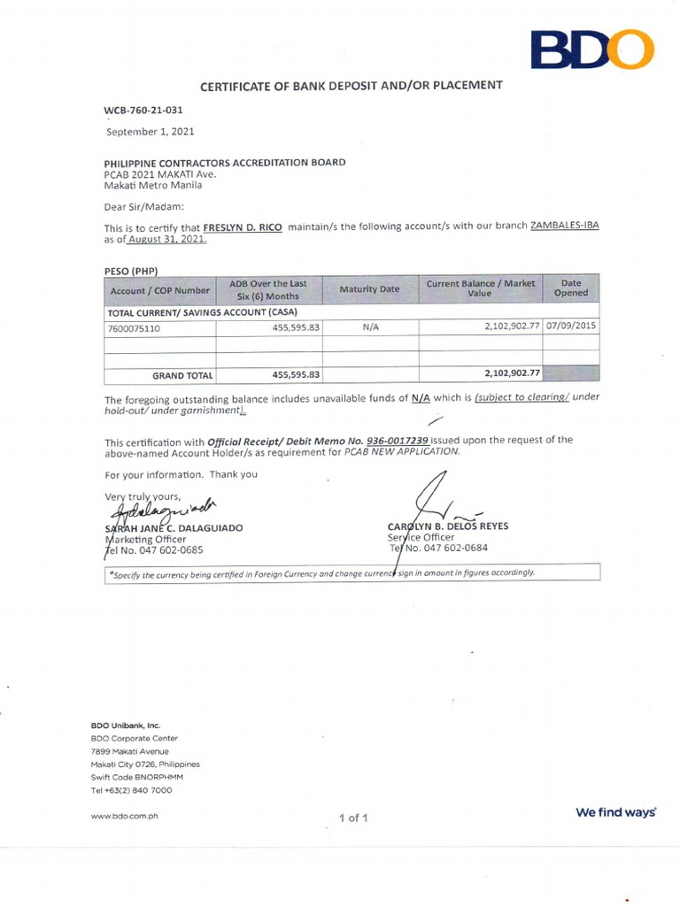BDO - Certificate of Bank Deposit 09-01-21 | PDF BDO - Certificate of Bank Deposit 09-01-21 | PDF
